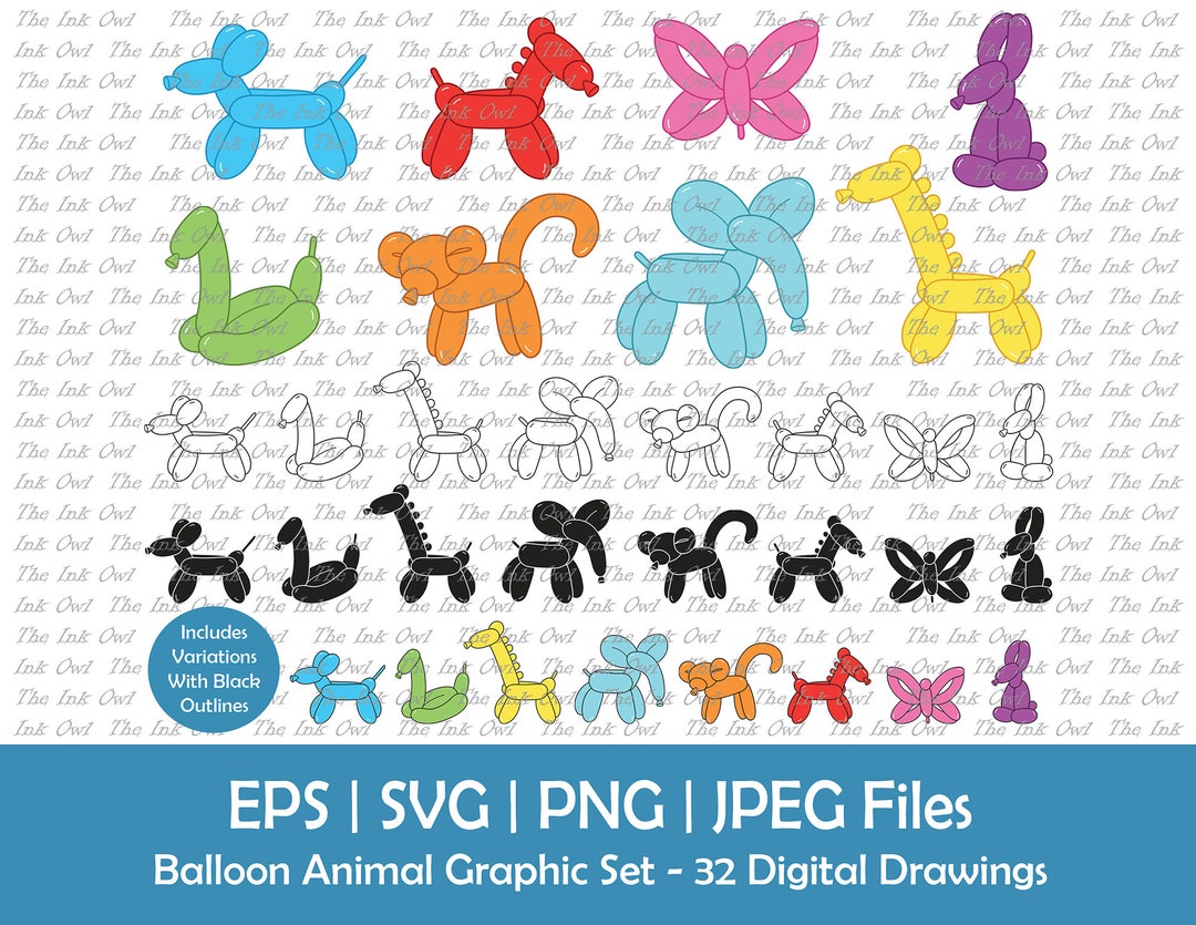 Balloon Animal Vector Clipart / Outline, Silhouette & Color Graphic ...