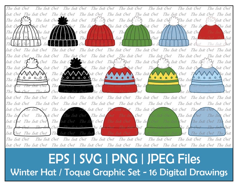 Winter Hat or Toque Clipart Set / Outline, Silhouette and Color ...