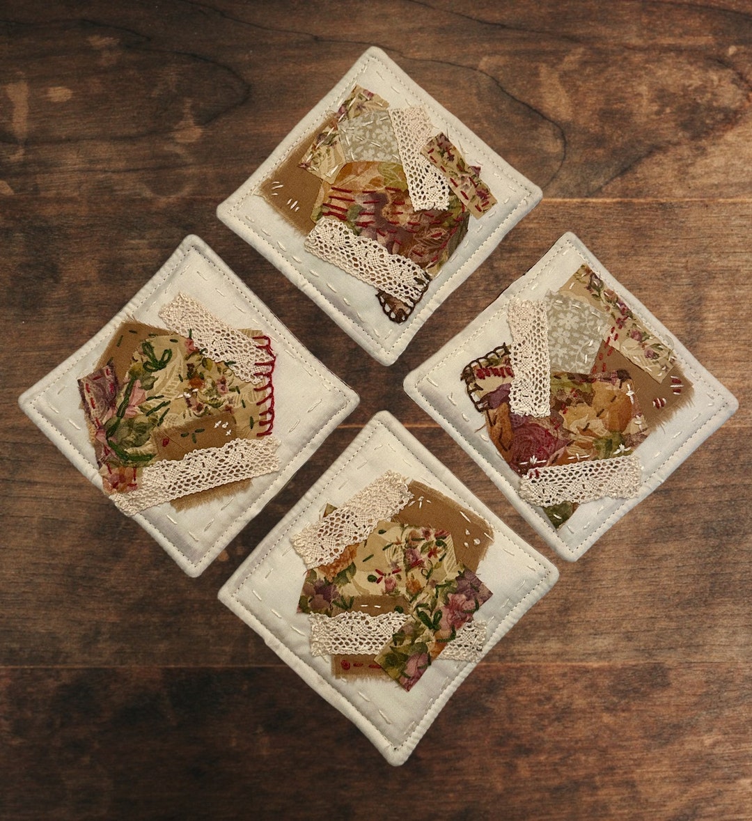 Fabric Scented Coasters Set/4 Slow Stitching Vintage Look. OOAK - Etsy