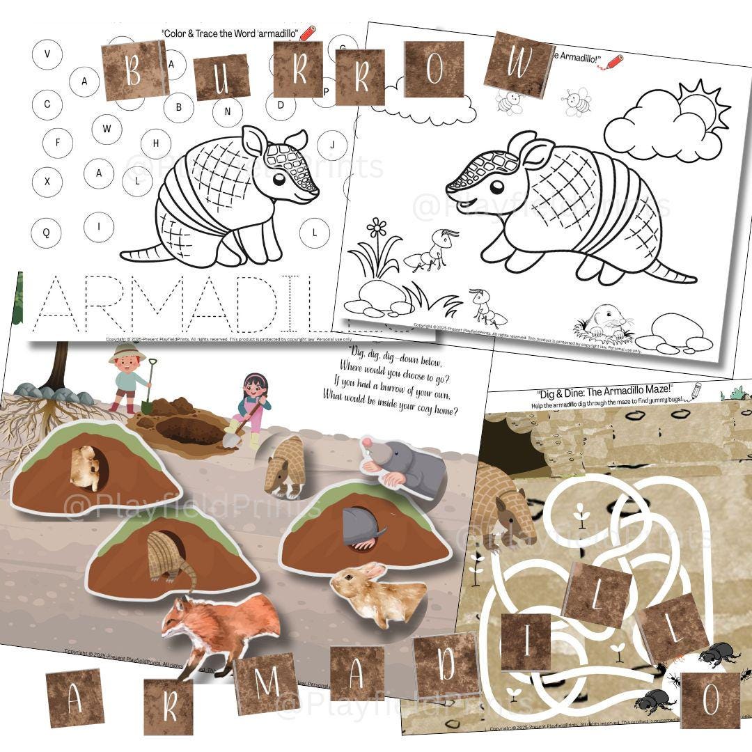 Armadillo Activity Pack for Kids Printable PDF Burrow Animal Games ...