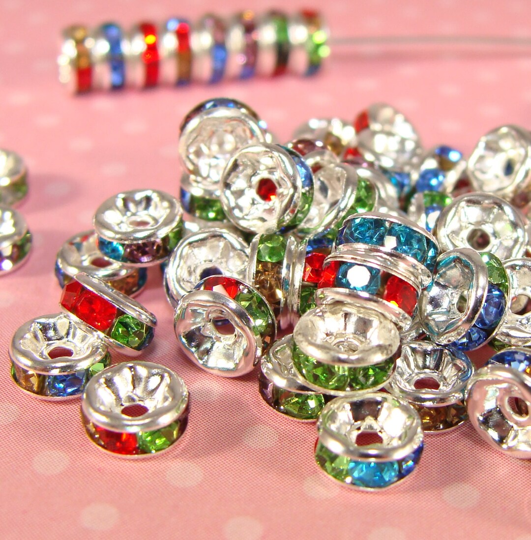 60 Tiny 5mm Rhinestone Spacer Disc Beads Multi Colored Assorted Silver ...