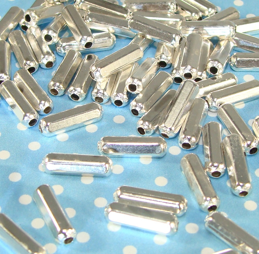 65 Silver Hex Bar Beads 9mm Hexagon Oblong Metal Spacer Bugle USA MADE ...
