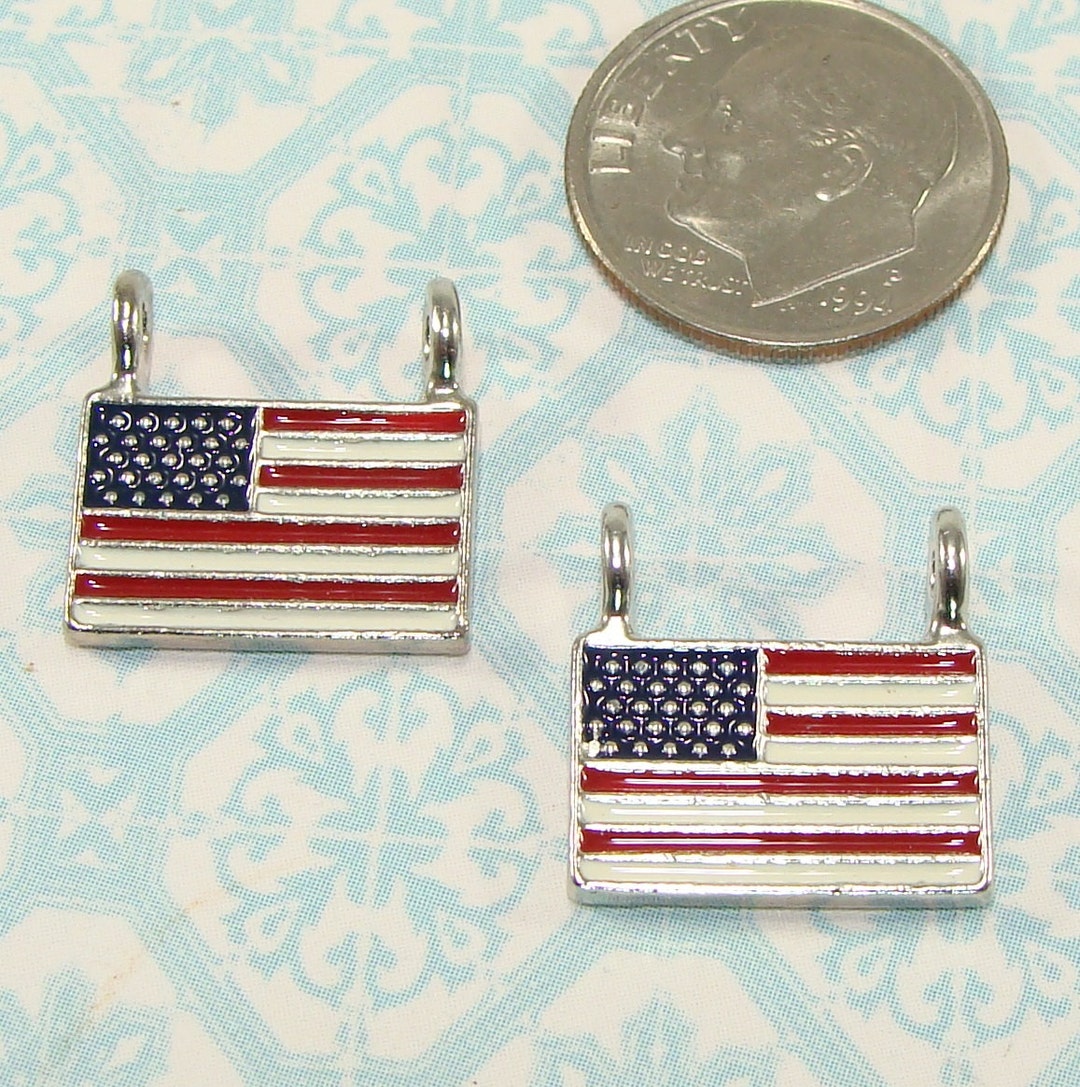 6 American Flag Charms With 2 Loops Pewter 15mm Enameled Red White and ...