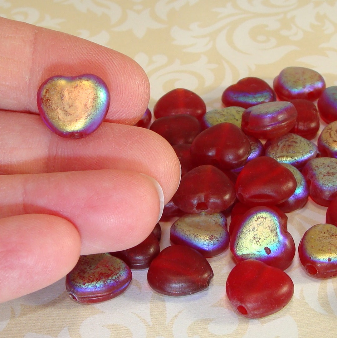 60 RED Heart Glass Beads BULK Beads Matte Iridescent 10mm to 12mm ...