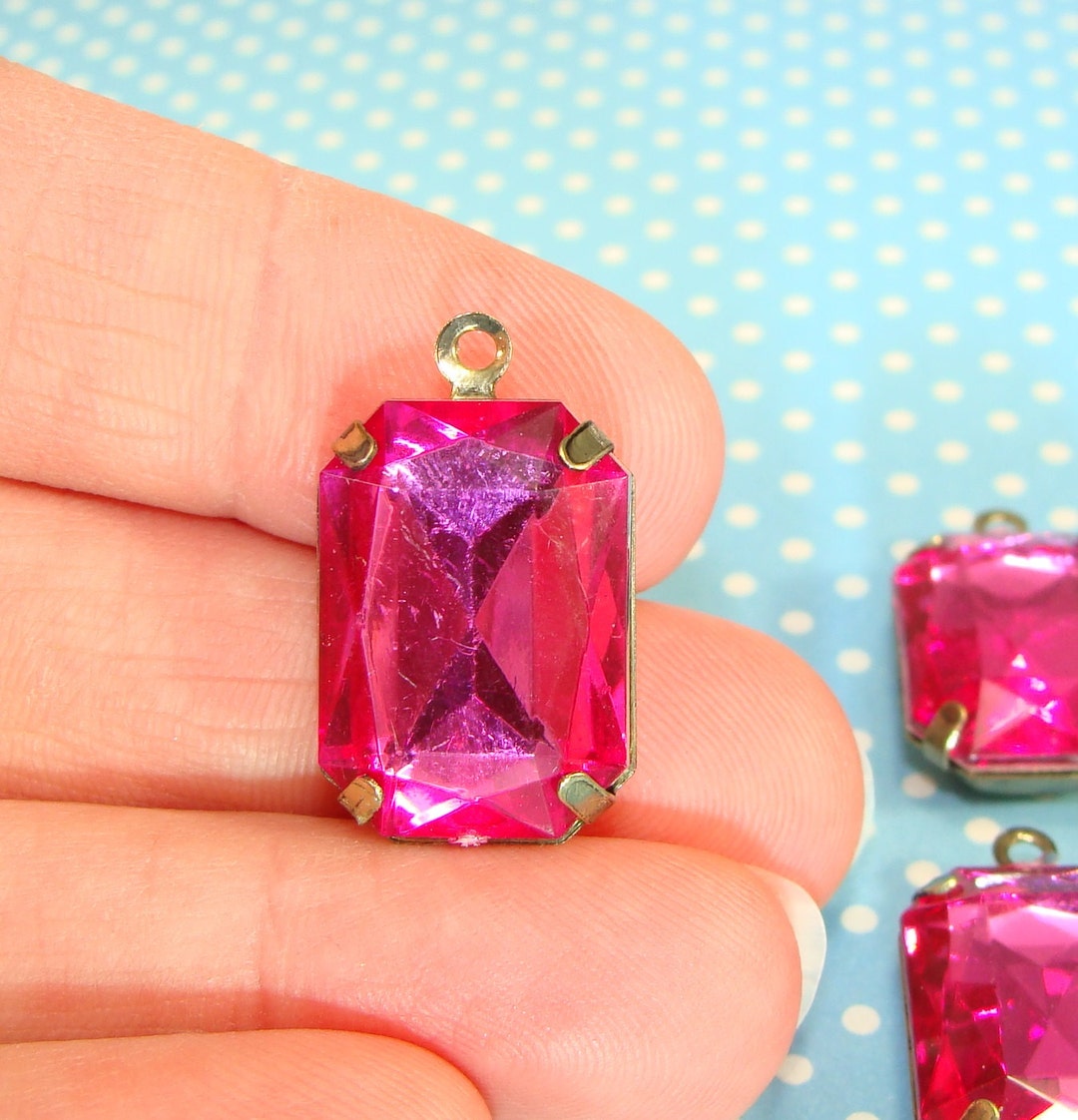 20 LARGE Fuchsia Rhinestone Dangle Charms Rectangle Drops Hot Pink ...