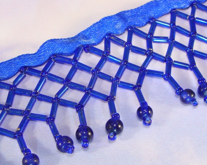 BLUE Beaded Fringe Trim One Yard 36 Inches Sapphire Glass Bugle & Seed ...