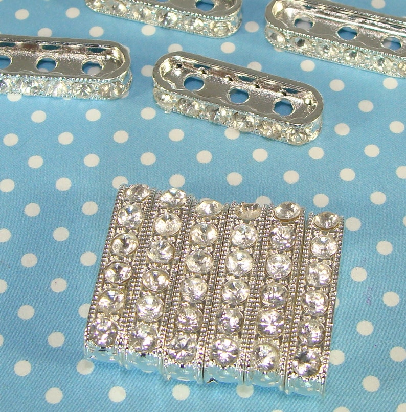 8 Long Rhinestone Spacer Beads Silver Crystal 7mm X 4mm X 20mm 3-hole ...