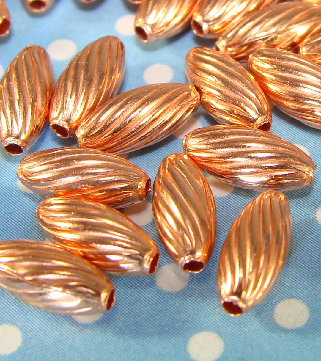 60 Copper Rice Beads 7mm X 3mm Ribbed Fluted Oblong Metal Spacer USA ...