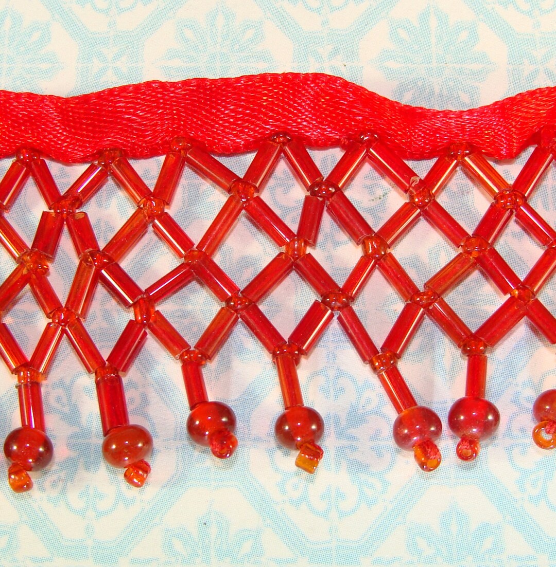RED Beaded Fringe Trim One Yard (36 Inches) Glass Bugle Seed Bead Cross ...