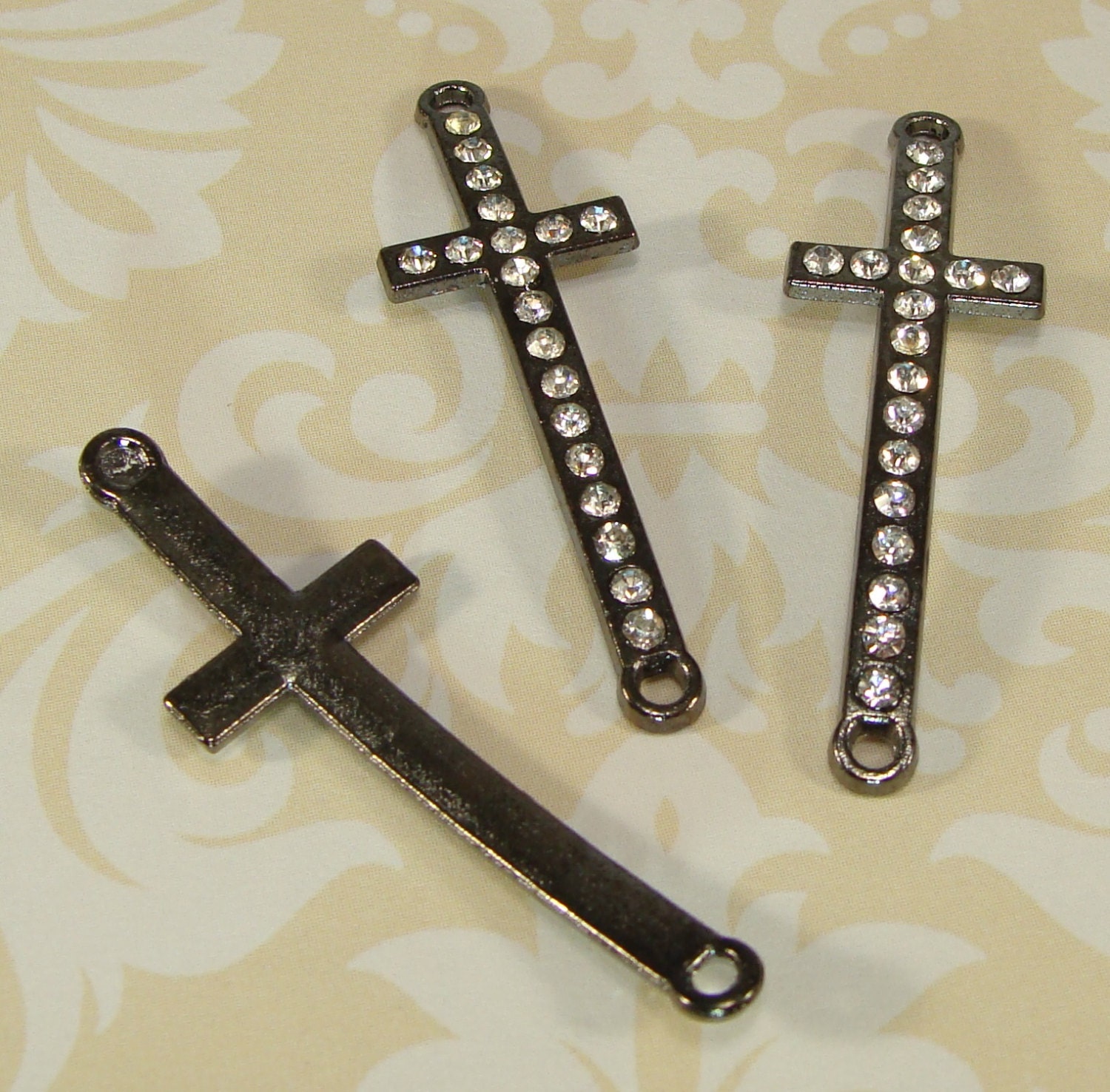 3 Rhinestone Cross Charms Slim Sideways Crosses Gunmetal & - Etsy