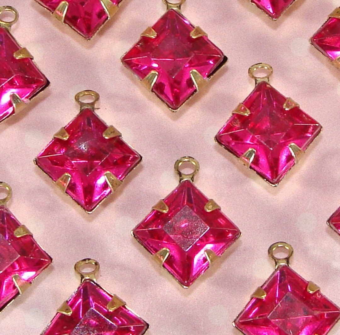 12 Hot Pink Gem Drop Charms Set Stones Crystal Rhinestone Fuchsia Resin ...