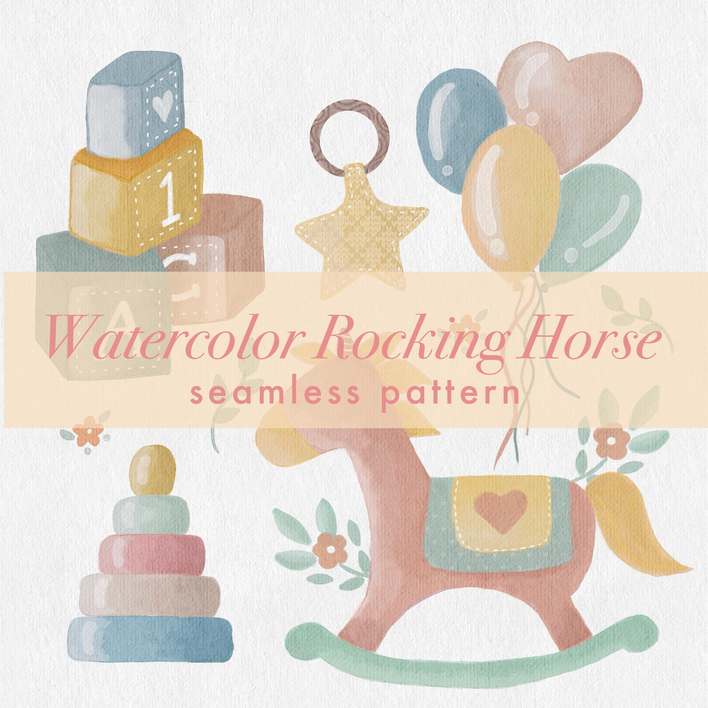 Watercolor Rocking Horse, Digital Art, Seamless Pattern, Nursery Room ...