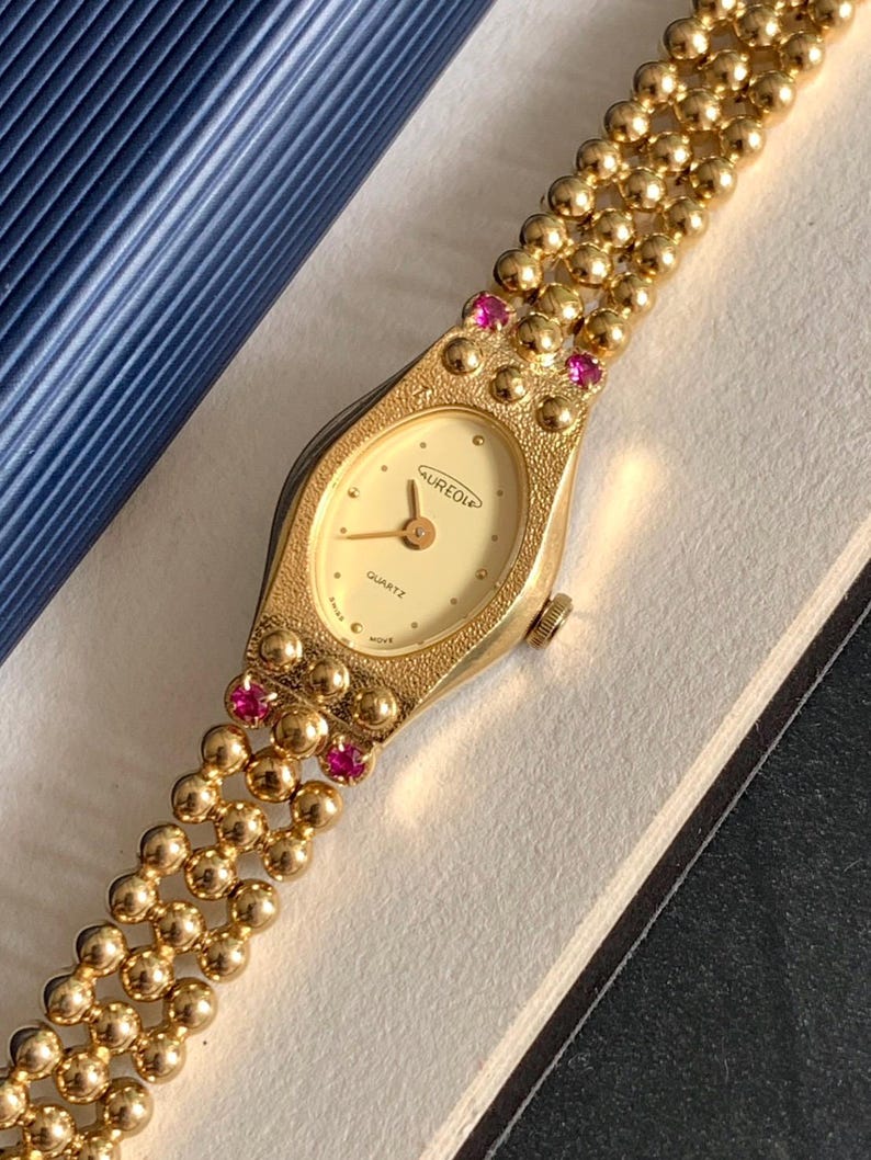 AUREOLE Vintage Swiss Gold With Pink Gemstones Women Watch, Quartz ...