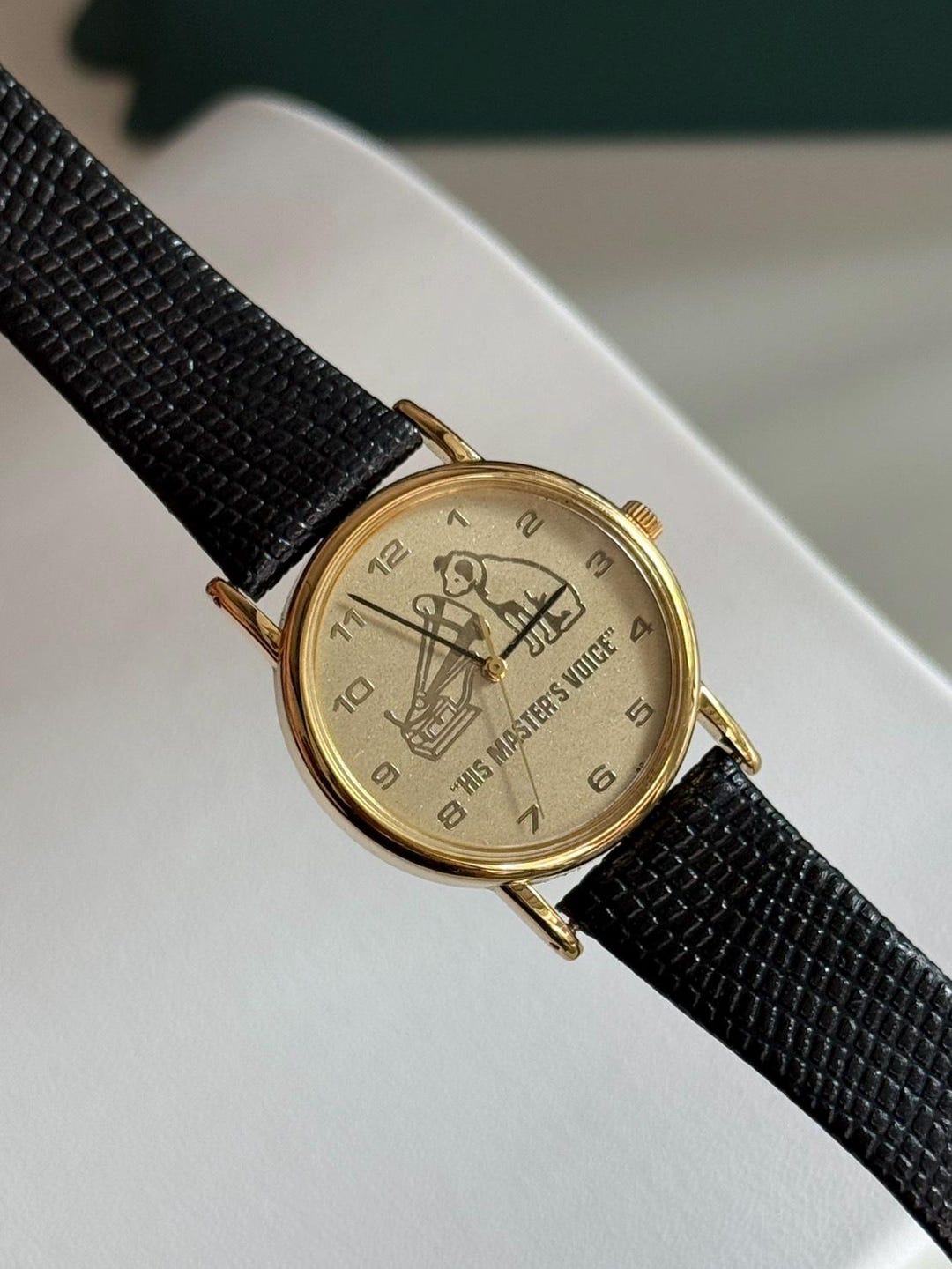 Vintage HIS MASTERS VOICE Classic 90's Gold Tone Base Metal Dial Round ...