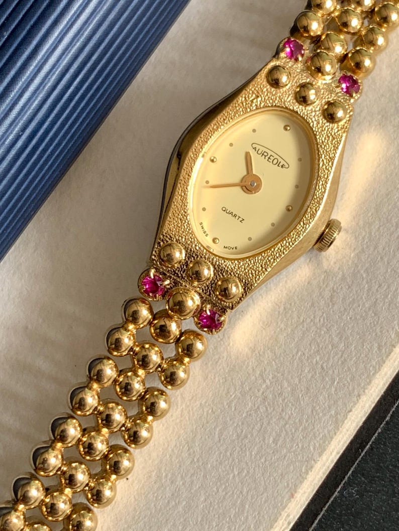 AUREOLE Vintage Swiss Gold With Pink Gemstones Women Watch, Quartz ...