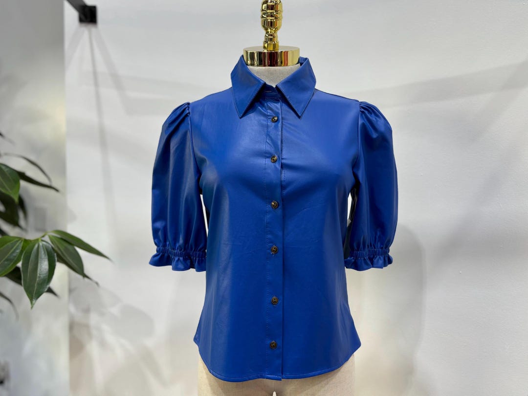 Elegant Blue Button-down Puff Sleeve Blouse - Etsy Australia