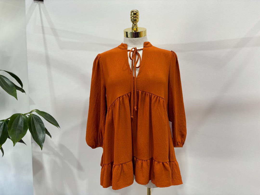 Rust Tiered Long Sleeve Babydoll Dress With Tie-neck - Etsy