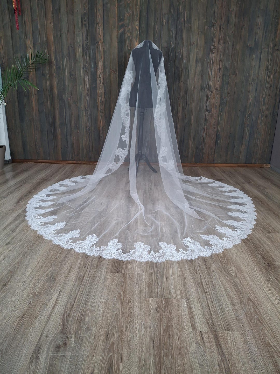 Cathedral Wedding Veil Lace Trim Chantilly Ivory Drop Mantilla Veil in ...