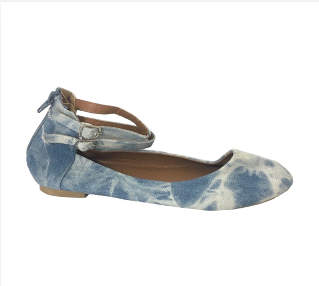 VINTAGE Acid Wash Ankle Strap Flats Size 7 Denim Stonewash Shoes Blue ...