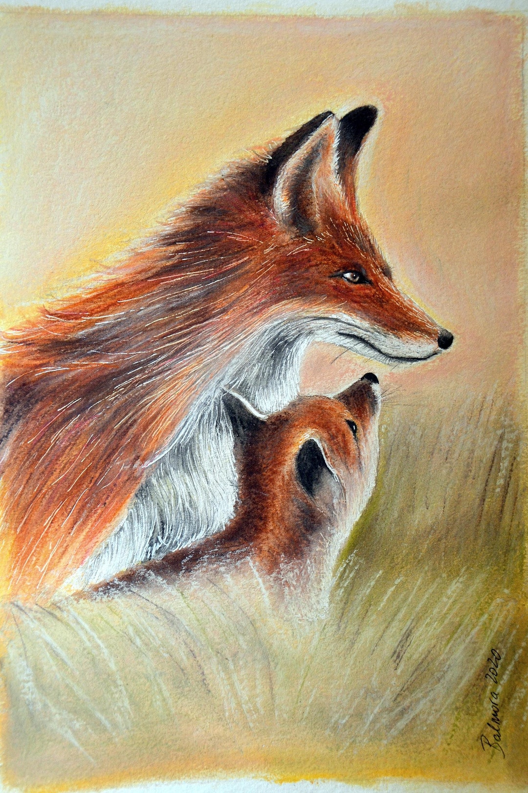 Dry Pastel and Acrylic Drawing: Mother Fox and Her Cub, by Anna Balmora ...