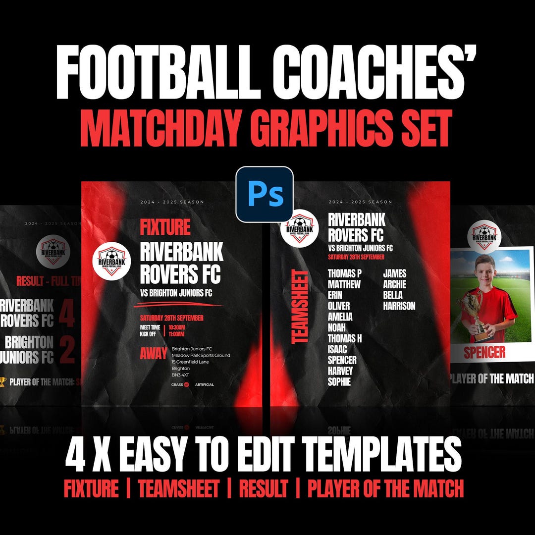 Football Social Media Templates Fixture Teamsheet Result Player of the ...