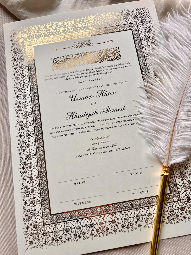 Personalized A4 Nikkah Certificate: Islamic Wedding Contract With Quran ...