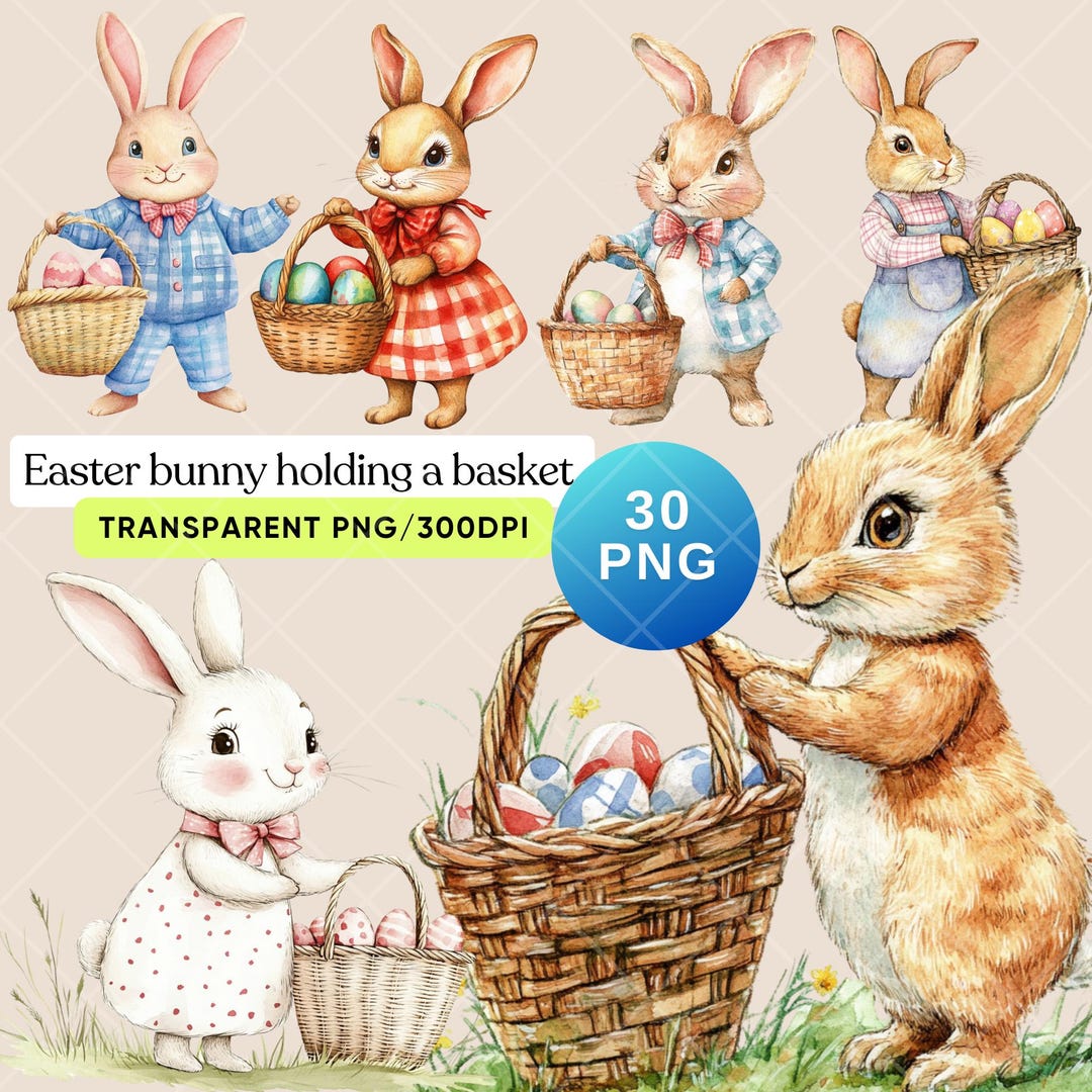 30 Easter Bunny Holding a Basket Watercolor Clipart, Vector Image ...