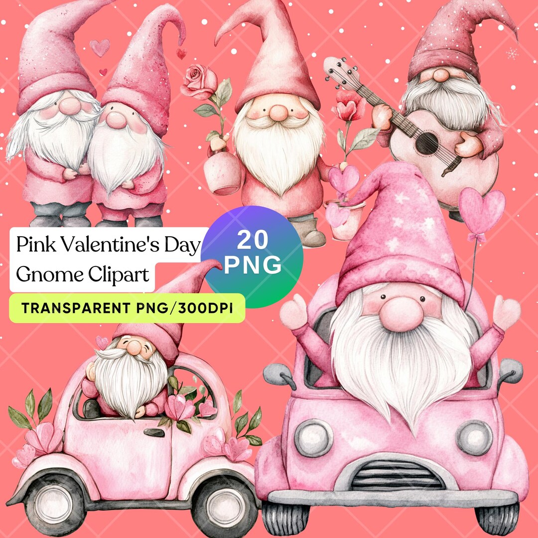 Pink Valentines Day Gnome Clipart, Watercolor Valentines Gnomes Clipart ...