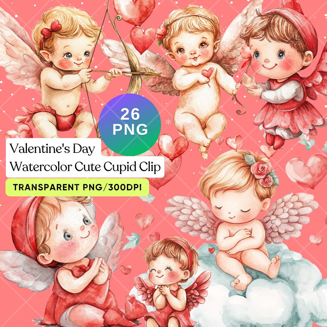 26 Watercolor Cute Cupid Clipart Bundle, Valentines Day Clipart, PNG ...