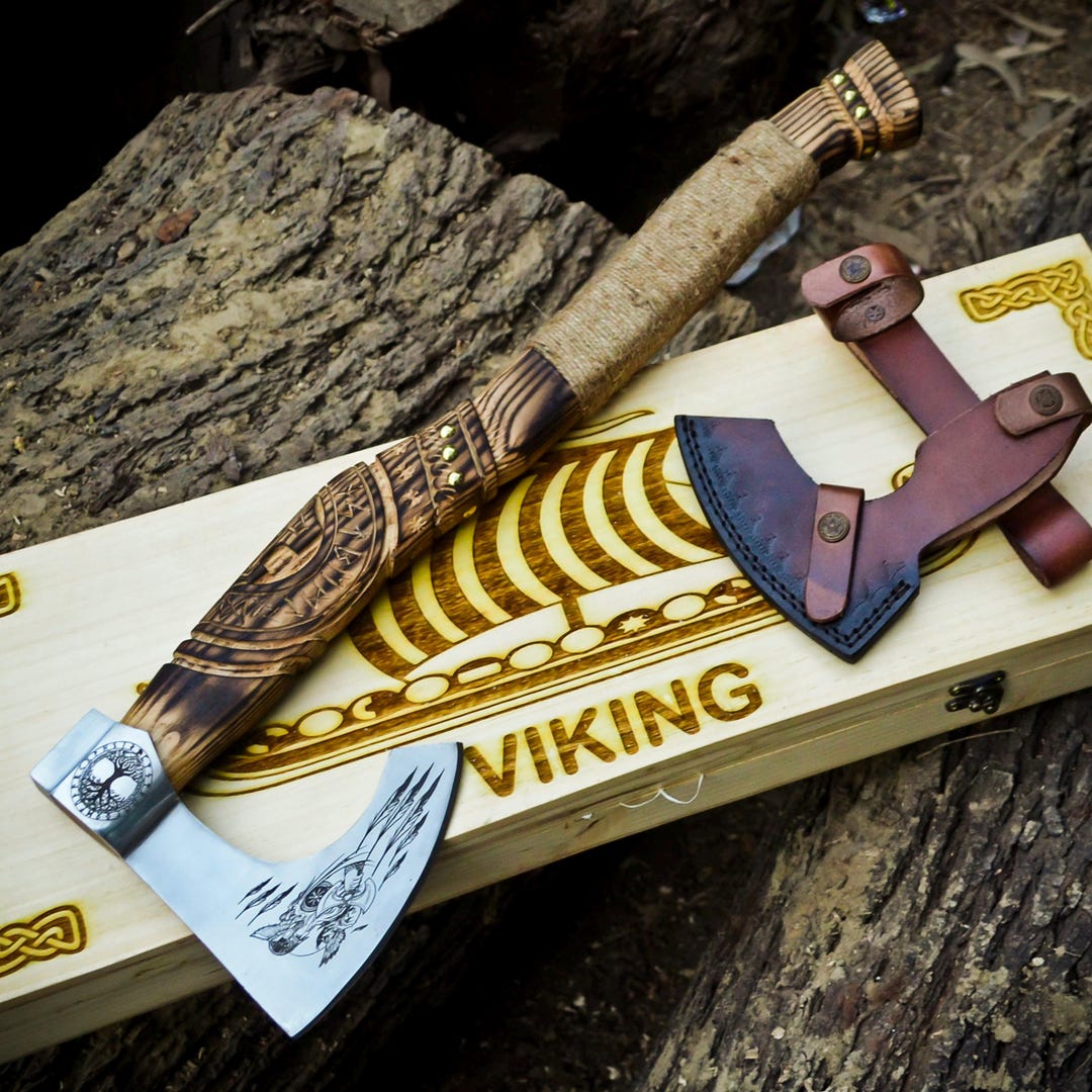 Custom Handmade Viking Etched Axe Ash Wood Handle With Genuine Leather ...