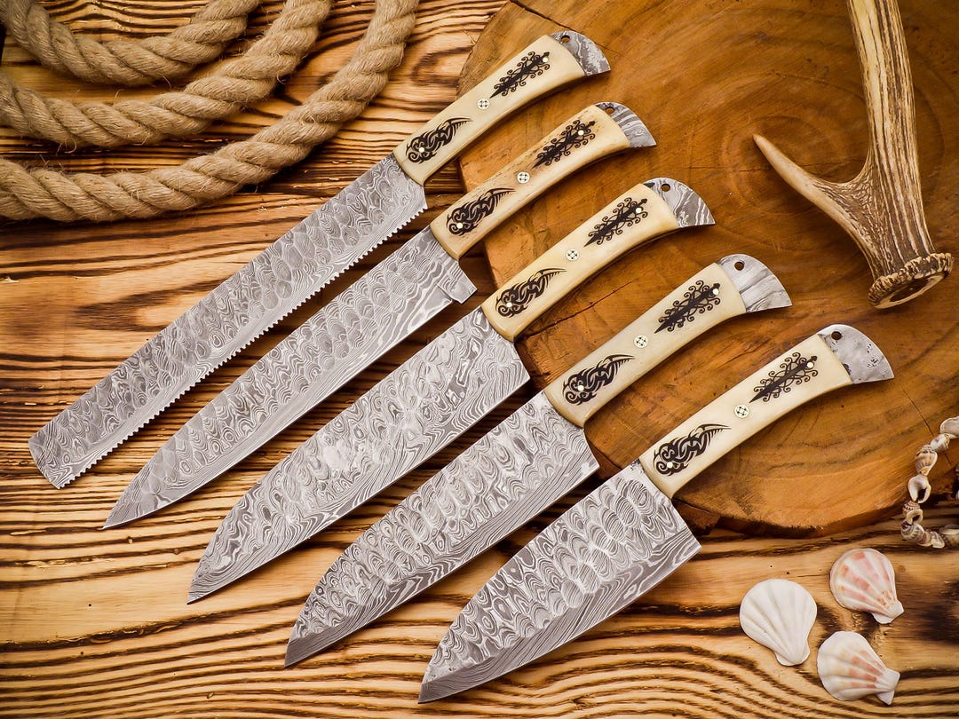 Custom Handmade Damascus Kitchen Knife Set With Genuine Leather Sheath ...