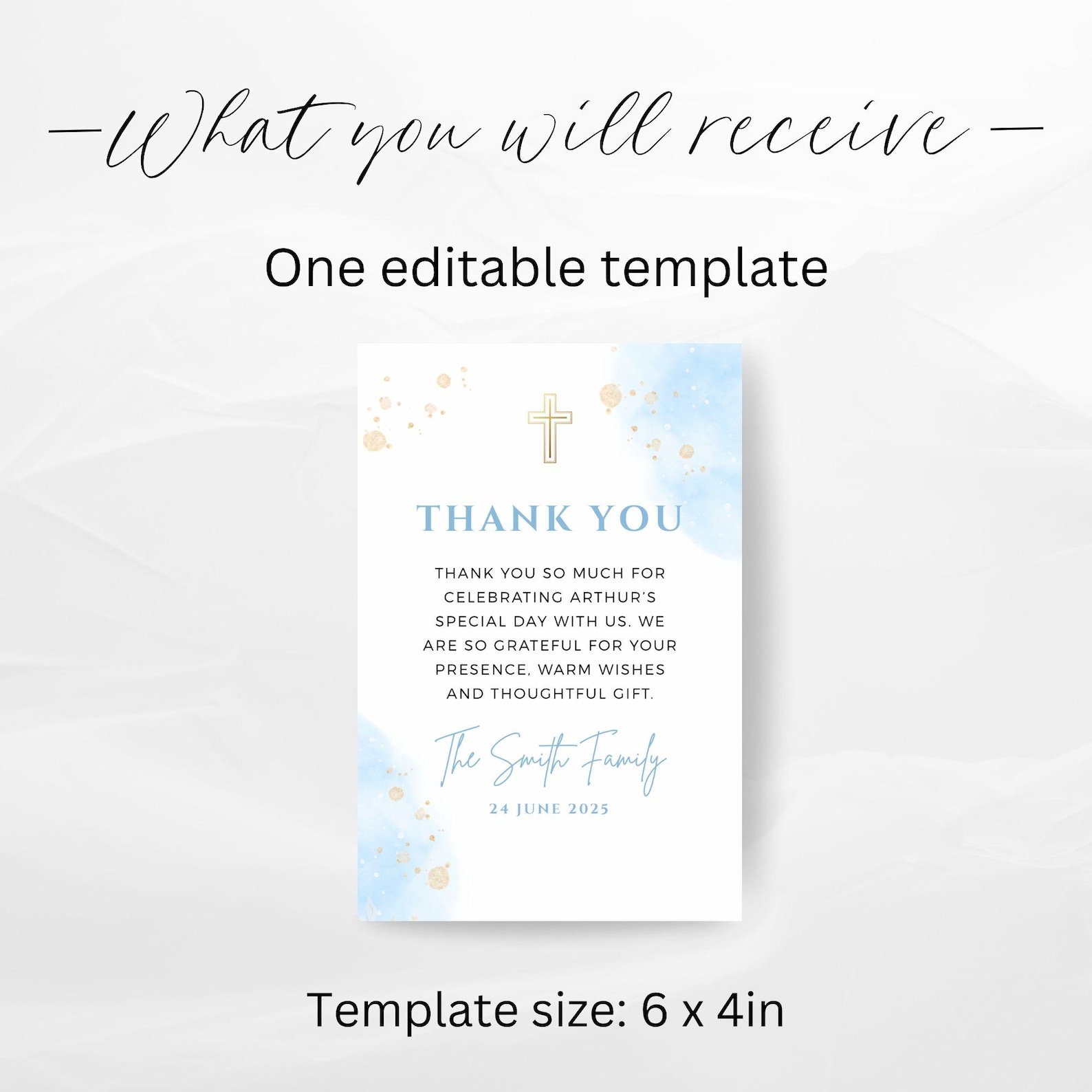 Christening Thank You Card, Boys Blue Baptism Thank You Note, Editable ...