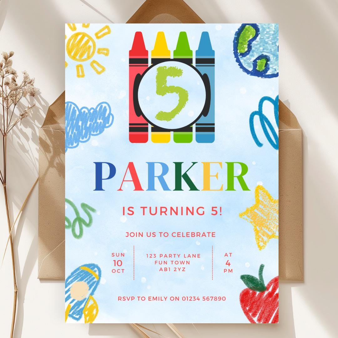 Editable 5th Birthday Invitation, Printable Colourful Crayon Themed ...