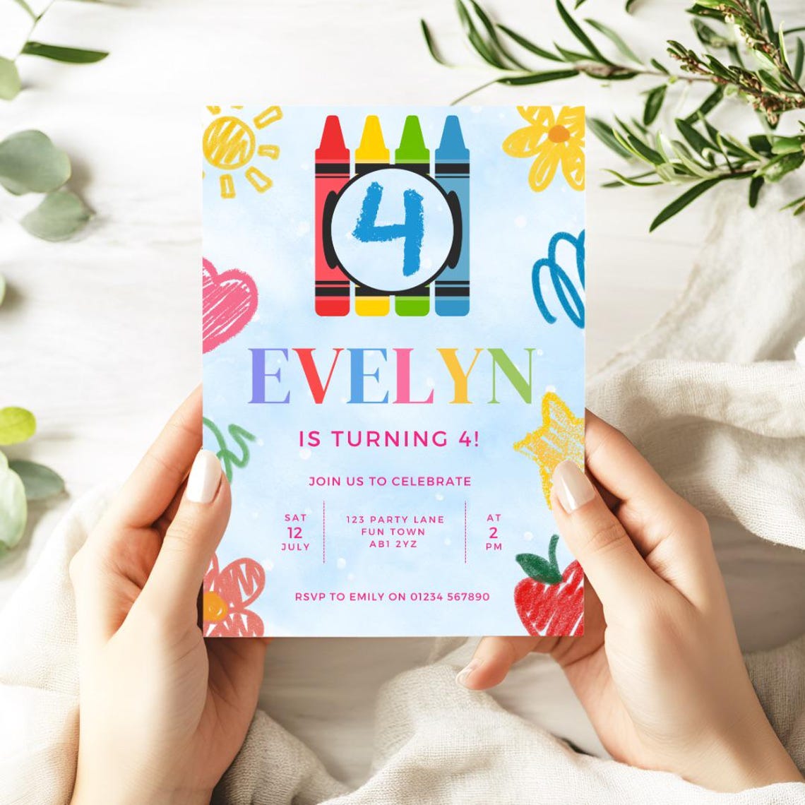 Editable 4th Birthday Invitation, Printable Colourful Crayon Themed ...