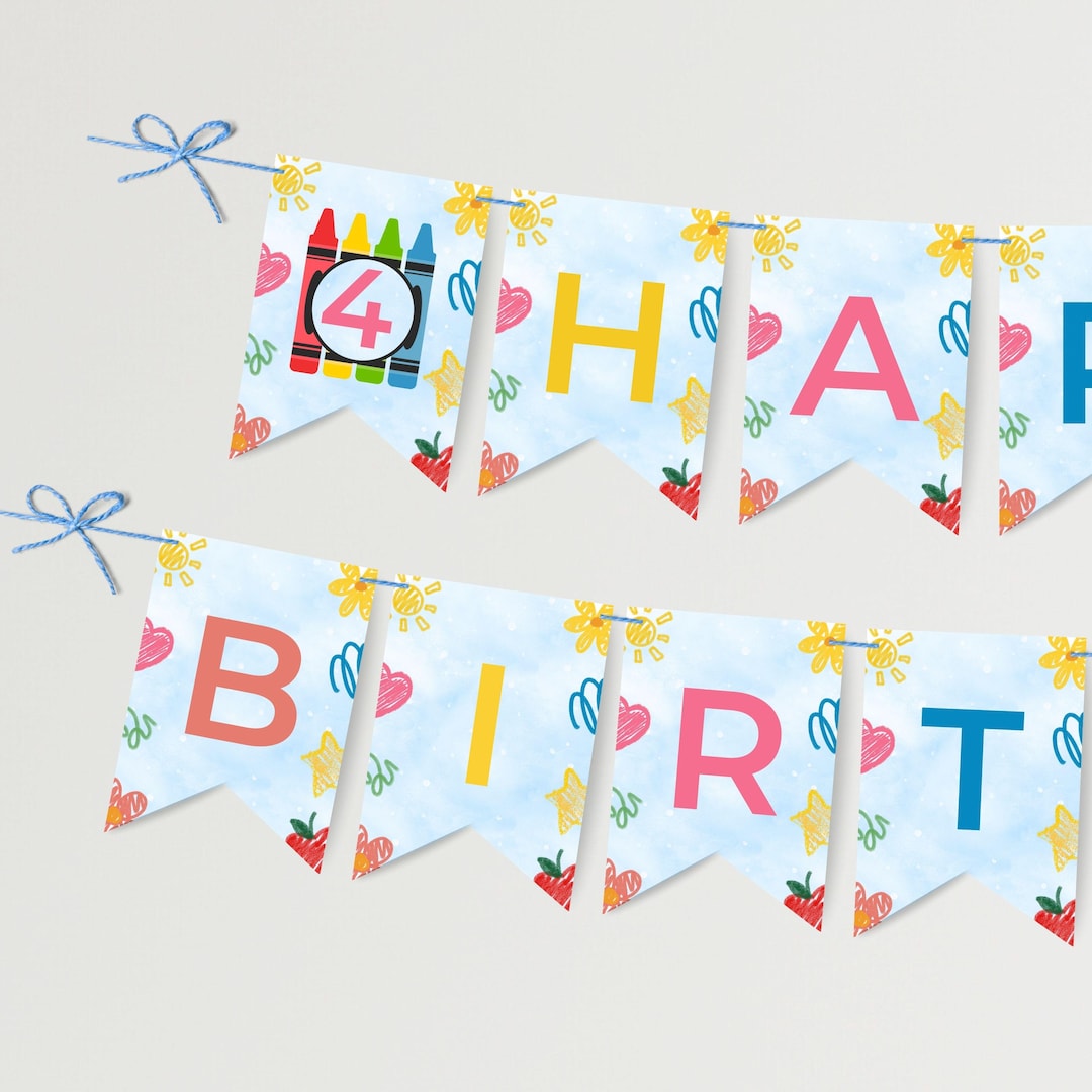 Editable Happy Birthday Banner, Printable Colourful Crayon Themed Party ...
