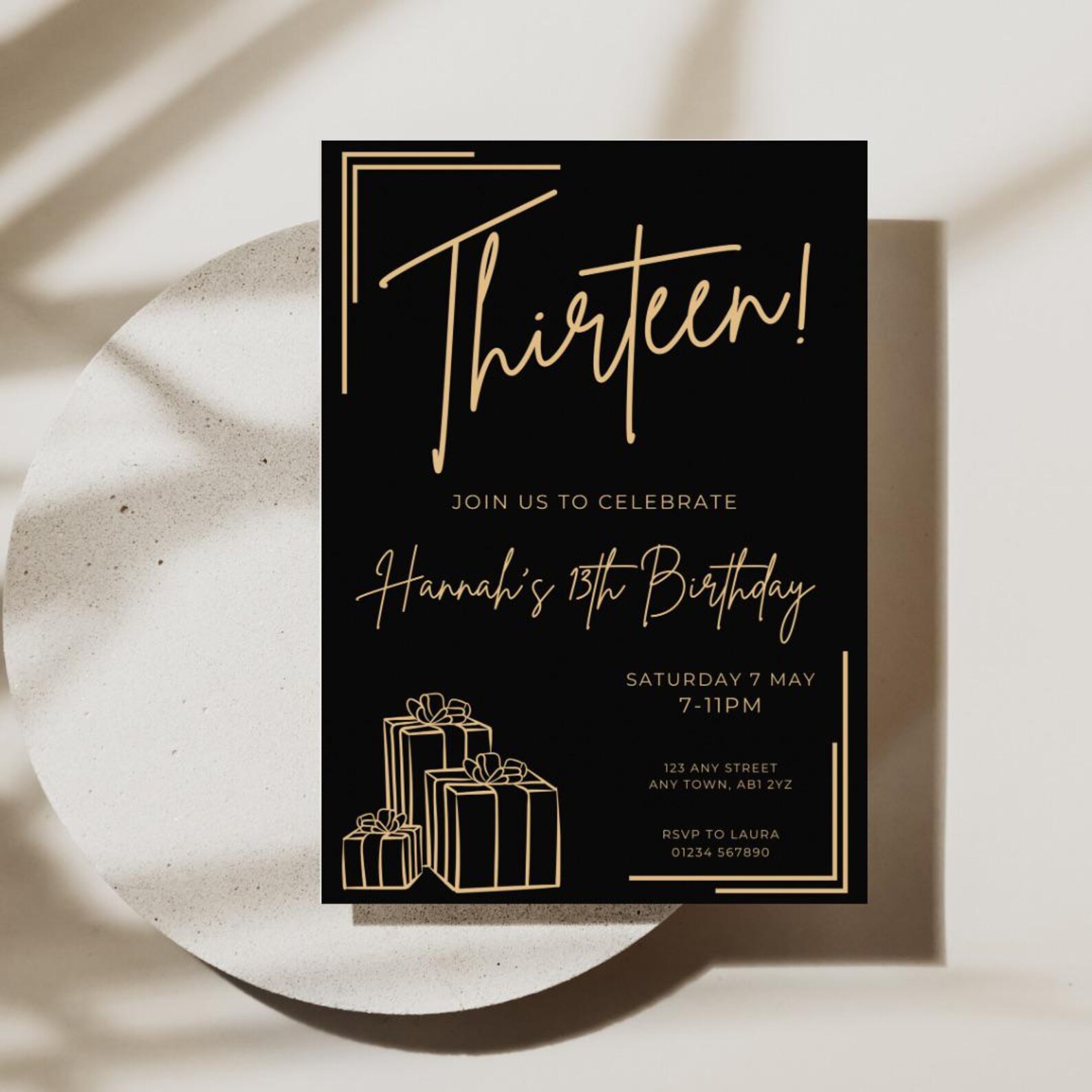 Editable 13th Birthday Invitation, Editable Canva Template, Black ...