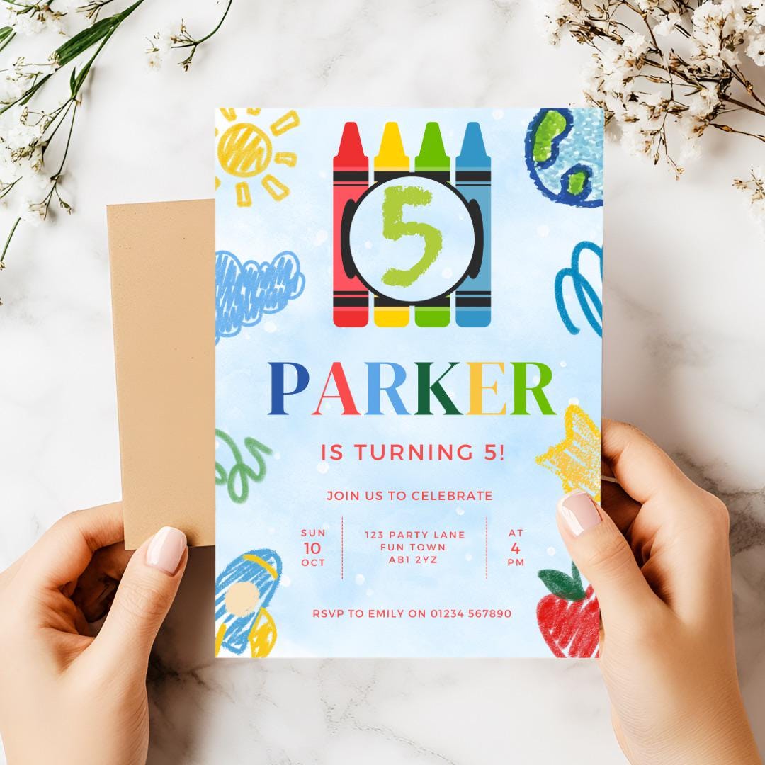 Editable 5th Birthday Invitation, Printable Colourful Crayon Themed ...