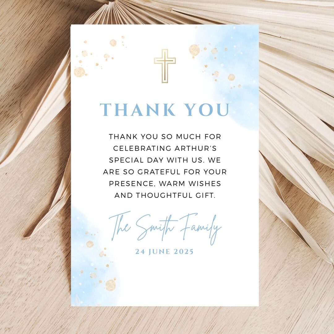 Christening Thank You Card, Boys Blue Baptism Thank You Note, Editable ...