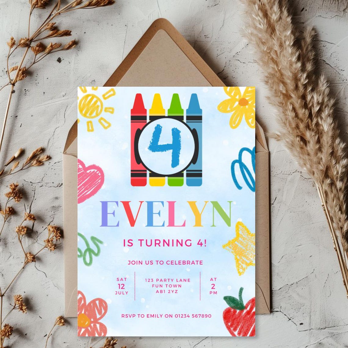 Editable 4th Birthday Invitation, Printable Colourful Crayon Themed ...