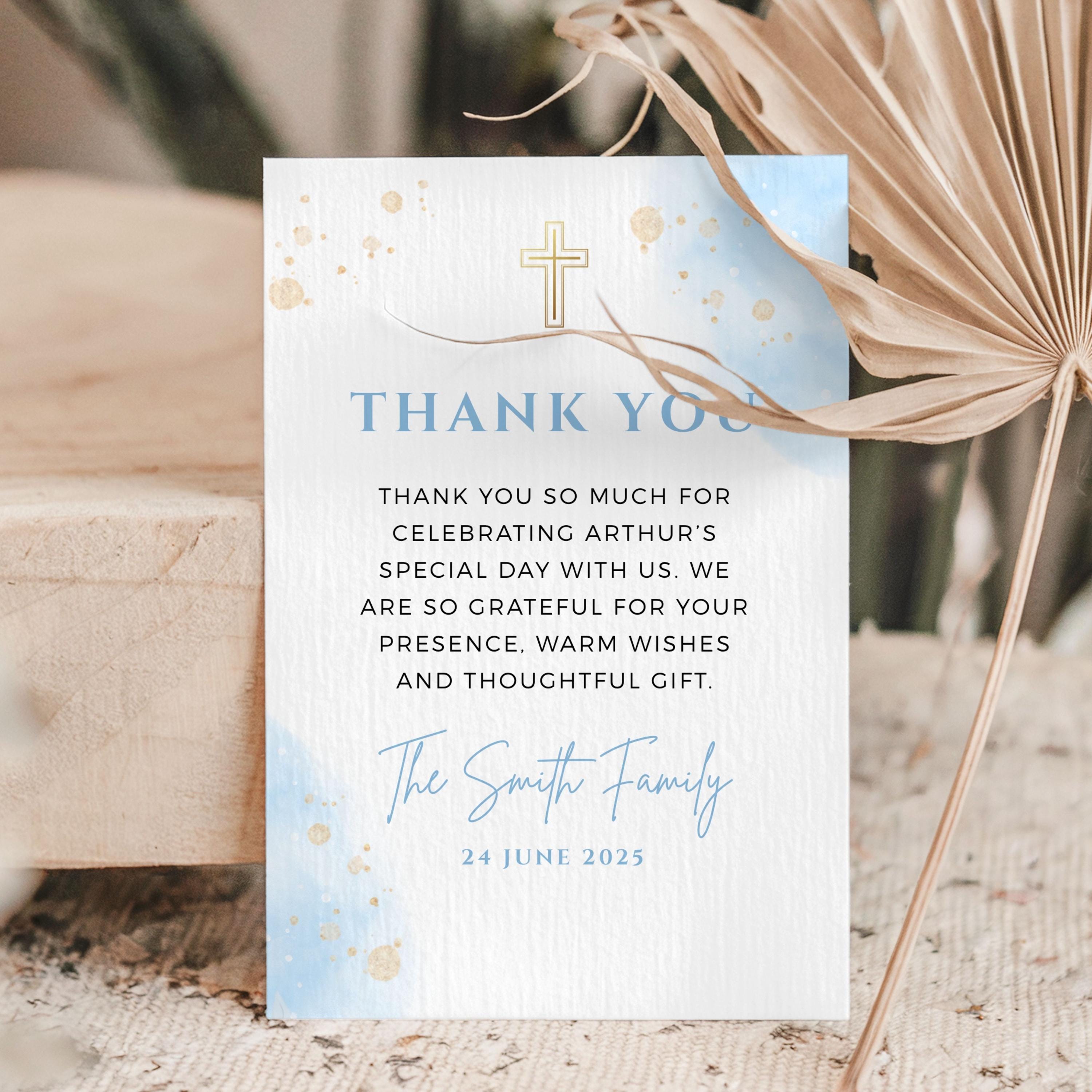 Christening Thank You Card, Boys Blue Baptism Thank You Note, Editable ...