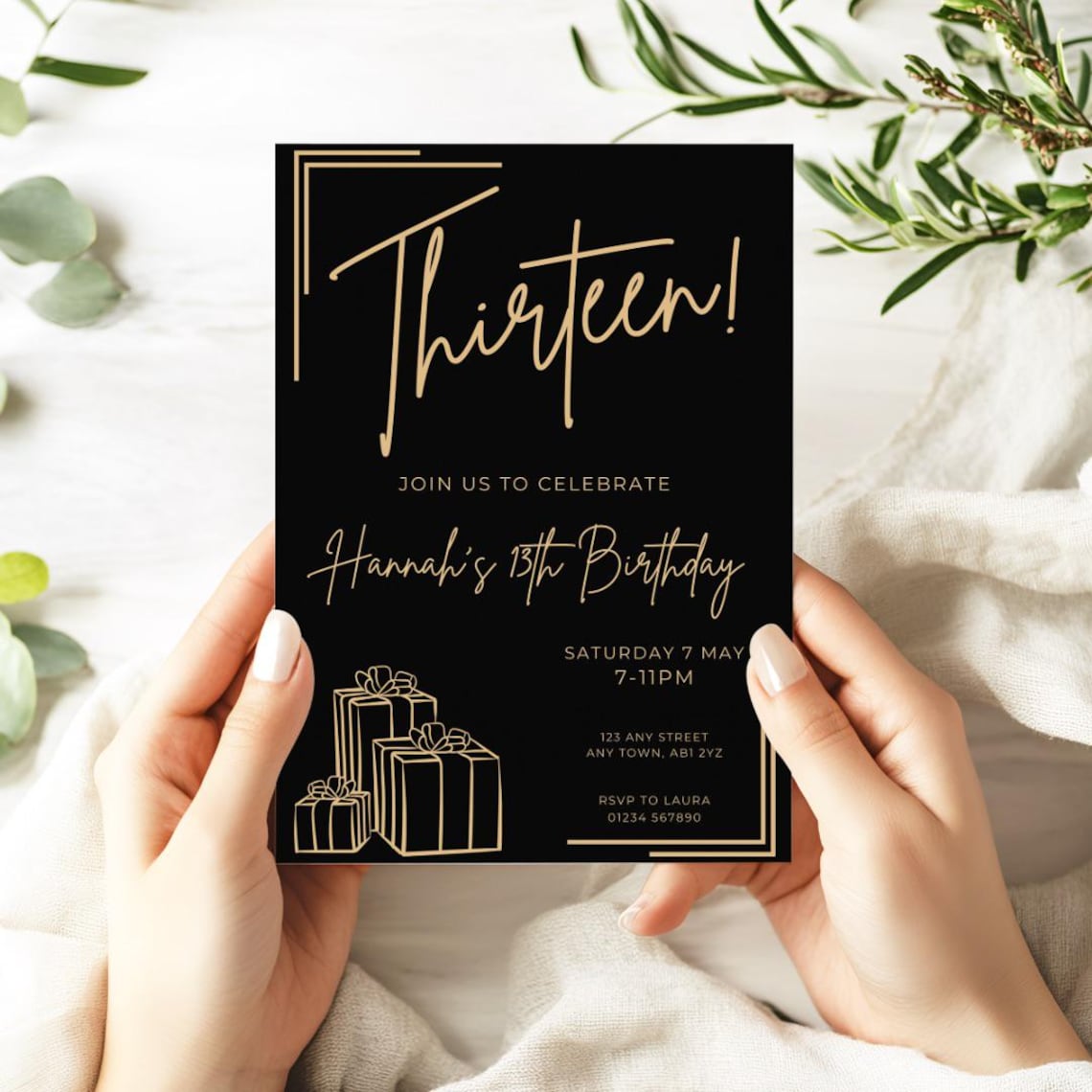 Editable 13th Birthday Invitation, Editable Canva Template, Black ...
