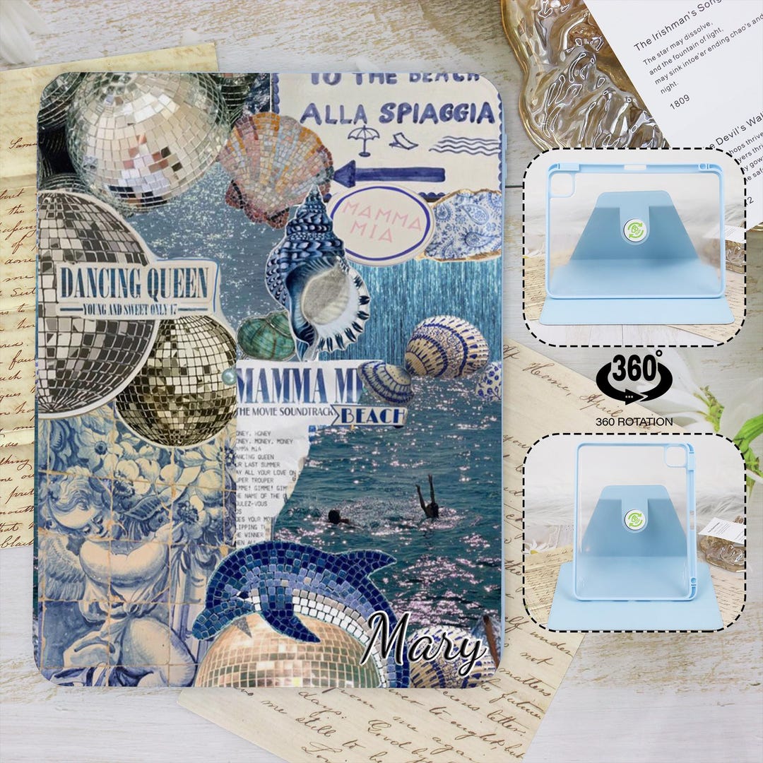 Blue Coastal Seashell Aesthetic Scrapbook iPad Case With Pen Slot for ...