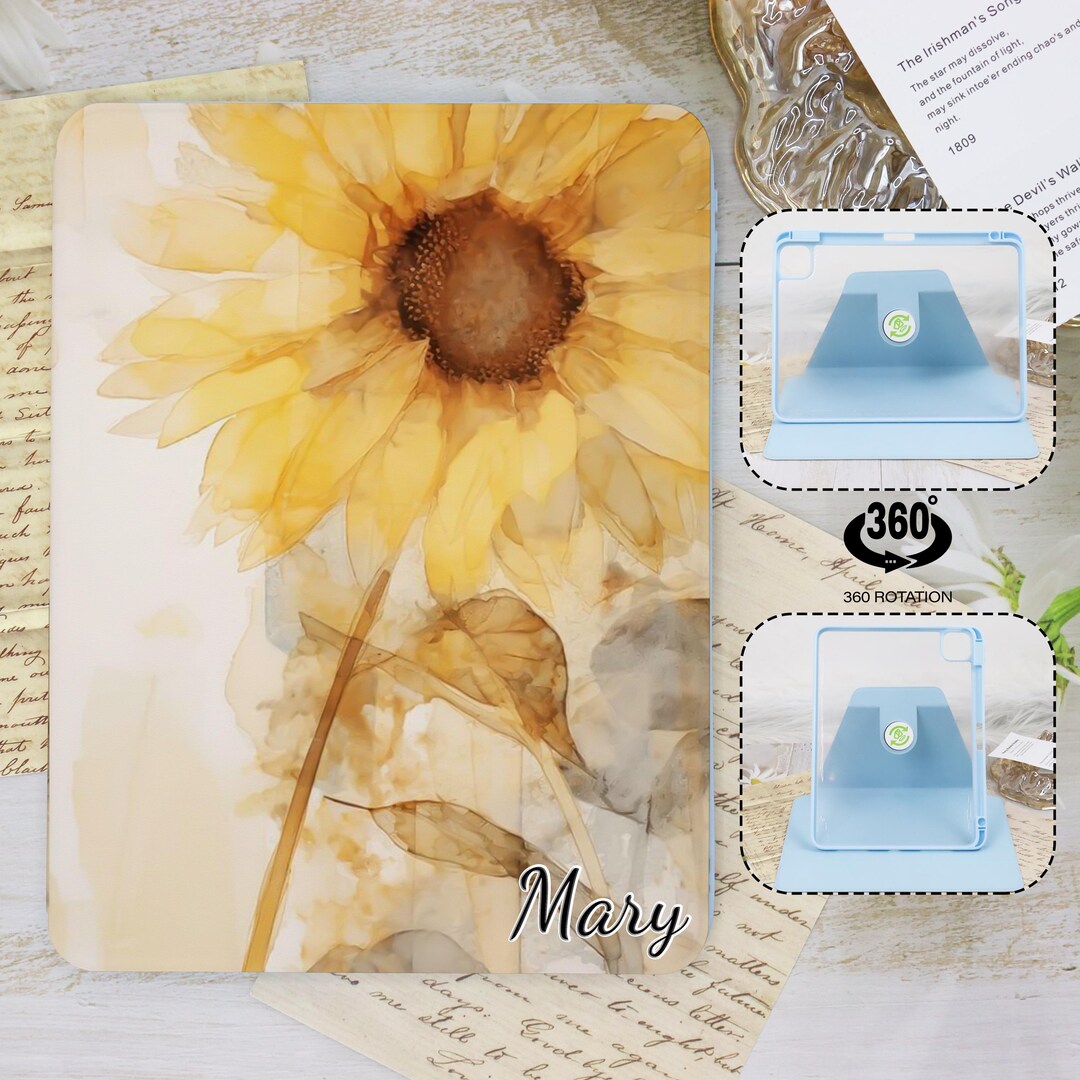 Watercolor Sunflower 360 Swivel iPad Case Cover for 9.7"10.2"10.9"11"12 ...