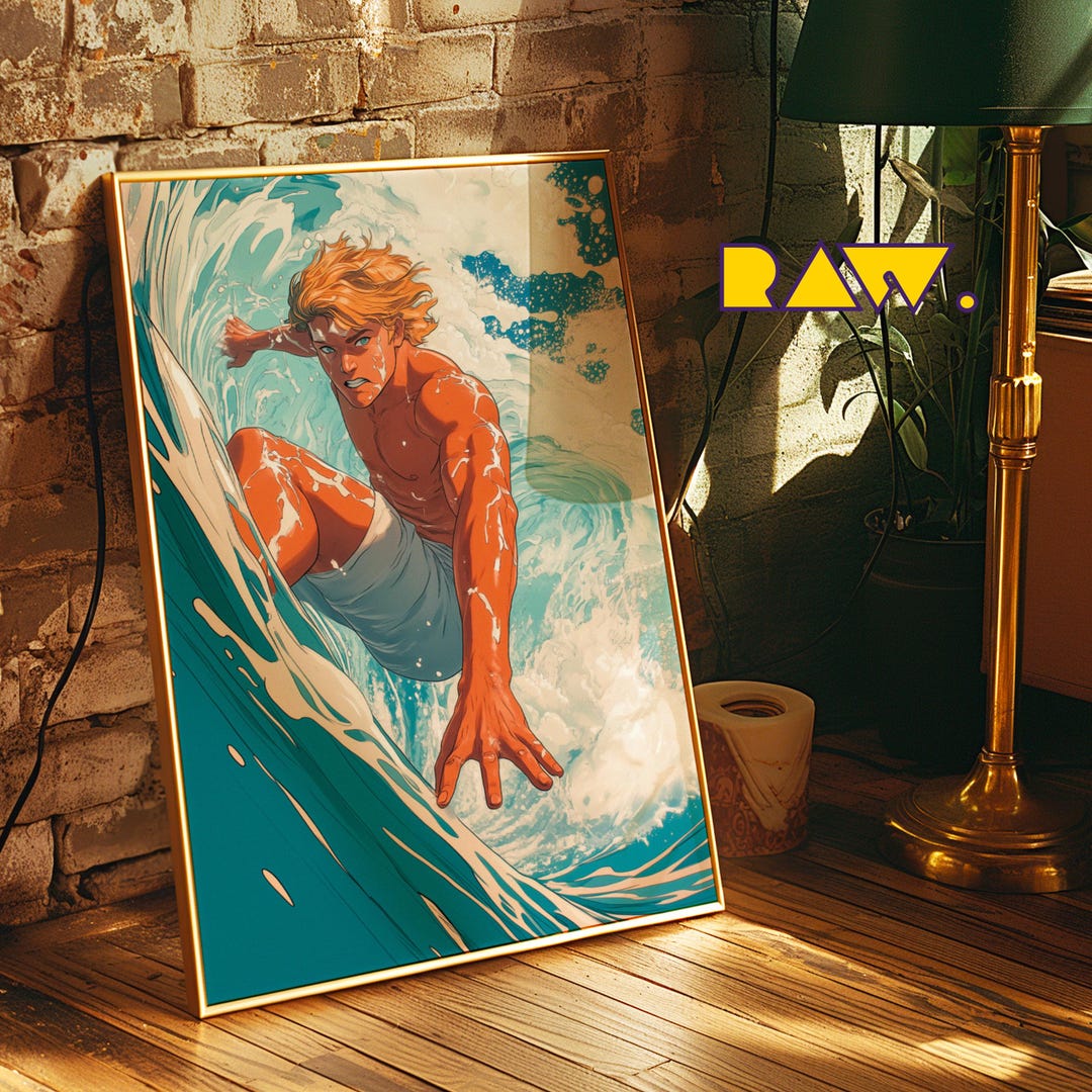 Dynamic Anime Surf Art Print - Surfing Poster of Surfer Riding a Wave ...