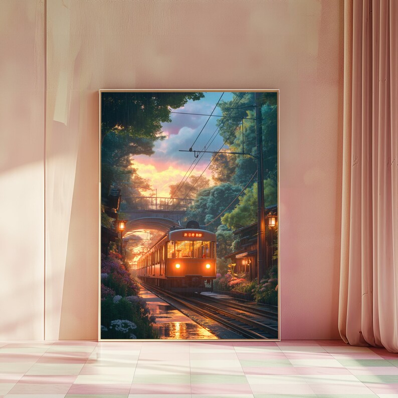 Vintage Japanese Train Poster Nostalgic Lo-fi Railway Art With Sunset ...