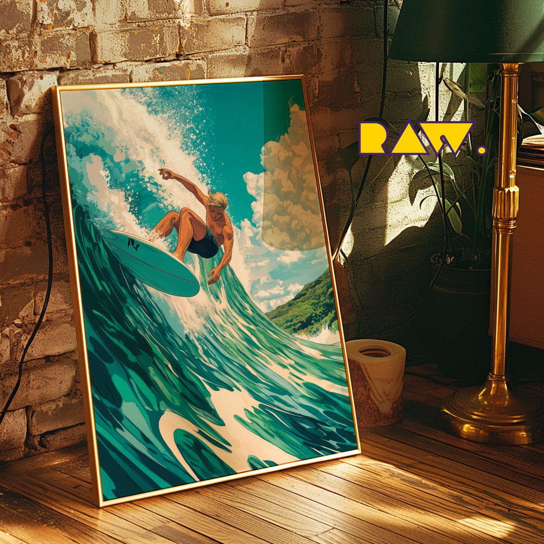 Epic Surfing Anime Poster - Surfer Riding a Wave in Vibrant Ocean Scene ...
