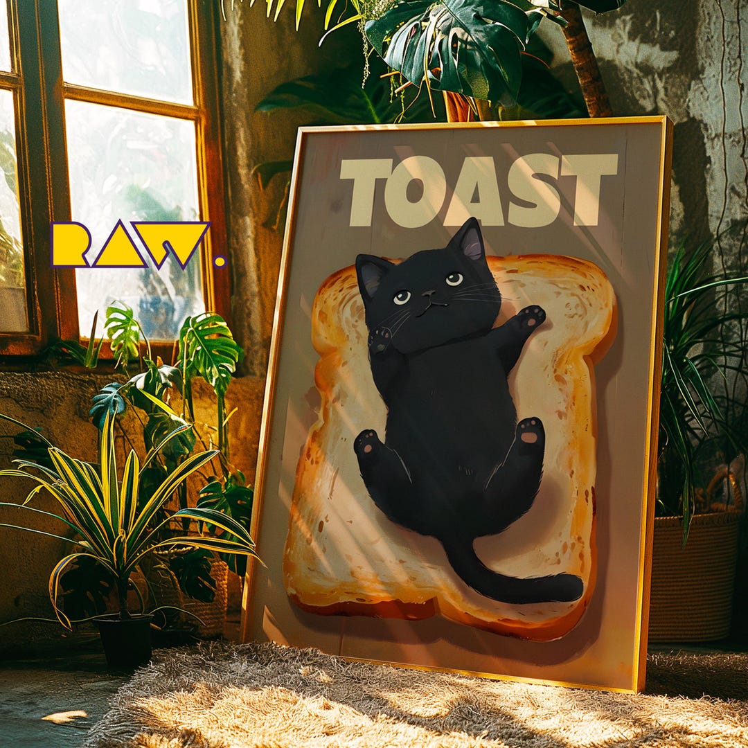 Whimsical Black Cat on Toast Poster Cute and Quirky Cat Art Print ...