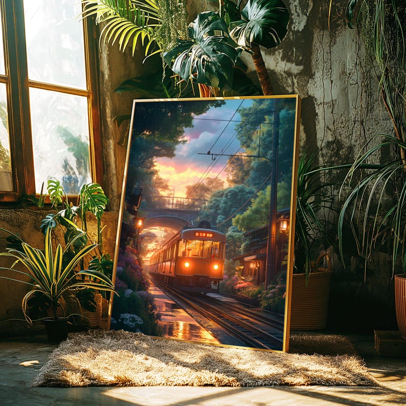 Vintage Japanese Train Poster Nostalgic Lo-fi Railway Art With Sunset ...