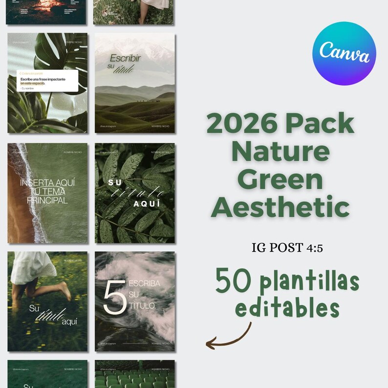 Nature Green Instagram Templates 2026 | 50 Editable Canva Posts 4:5 ...