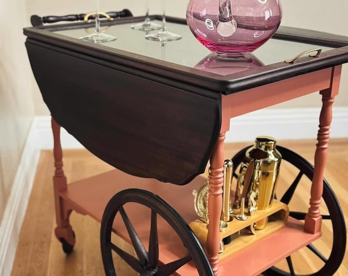 Vintage Rolling Butler's Table: Inlay Wood Drop Leaf Trolley Cart ...